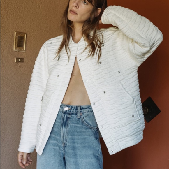 Zara | Jackets & Coats | Zara White Quilted Jacket With Rhinestones ...